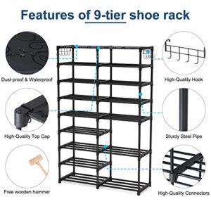 Tribesigns Shoe Rack Organizer, 32-40 Pairs Shoe Storage Shelf, 9 Tiers Shoe Stand, Shoe Rack for Closet, Boot Organizer with 2 Hooks, Stackable Shoe Tower