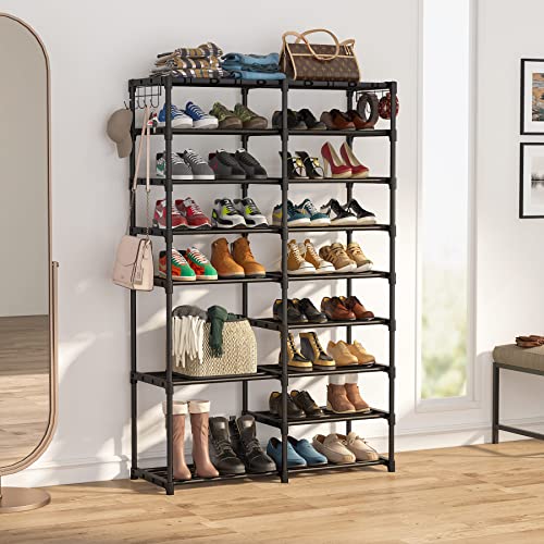 Tribesigns Shoe Rack Organizer, 32-40 Pairs Shoe Storage Shelf, 9 Tiers Shoe Stand, Shoe Rack for Closet, Boot Organizer with 2 Hooks, Stackable Shoe Tower