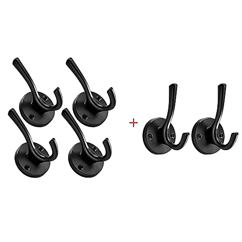 Black Hooks ZUONAI 6 Pack Matte Black Coat Hooks for Hanging Coats and Hat Hook Heavy Duty Door Towel Hooks for Bathrooms Wall Mounted Double Metal Robe Hook Kitchen Hanger Sturdy Coat Locker Single