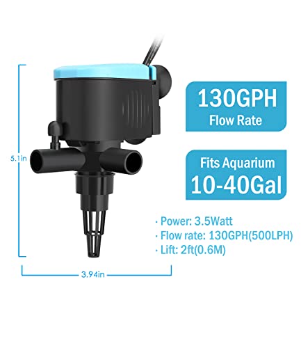 Kulife Aquarium Powerhead 130 GPH Circulating Water Pump for 10-40 Gallon Fish Tanks with Aerating Features