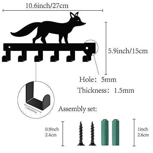 GORGECRAFT Black Key Holder Cast Iron Wall Hanger Coat Rack Wall Mounted Multi-Purpose Fox Shaped Home Decorative with 6 Hooks for Pet Leash Jewelry Keys Hat Backpack Clothes Umbrella Organizer