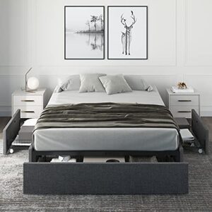 hoomic upholstered queen platform bed frame with 3 storage drawers, no fixed headboard design, mattress foundation with wooden slats, no box spring needed, noise free, dark grey