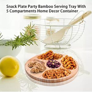 Divided Serving Tray, Bamboo Appetizer Party Platter with 5 Compartments for Serving Dishes, Serving Platters, Chip and Dip Tray, Veggie Tray, Or Taco, Round(8")