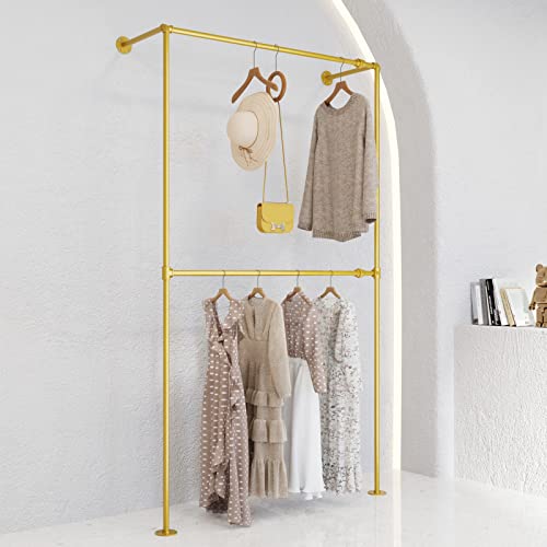 Smlttel Industrial Pipe Clothing Rack Wall Mounted,Metal Commercial Clothes Racks for Hanging Clothes,Vintage Retail Garment Rack Display Rack Cloths Rack,2 Tier Deluxe Design