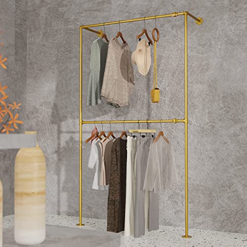 Smlttel Industrial Pipe Clothing Rack Wall Mounted,Metal Commercial Clothes Racks for Hanging Clothes,Vintage Retail Garment Rack Display Rack Cloths Rack,2 Tier Deluxe Design