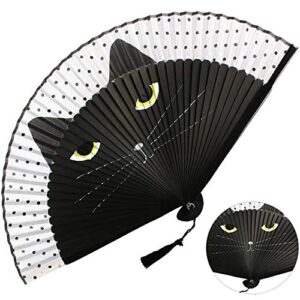 bifofo handheld fan, cartoon cat folding silk fan handheld fan, men women silk folding fan with bamboo frames and elegant tassel for dancing cosplay wedding party props decoration (cartoon cat)