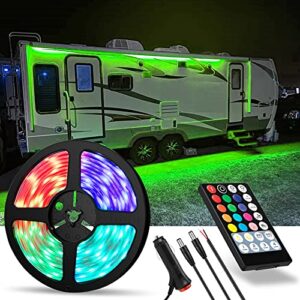 welluck rv led camper awning lights, 12v, 12ft/3.6m, dimmable, remote control, warm white mode and rgb mode, led light strip exterior lighting fixture for rv camping canopy motorhome travel trailer