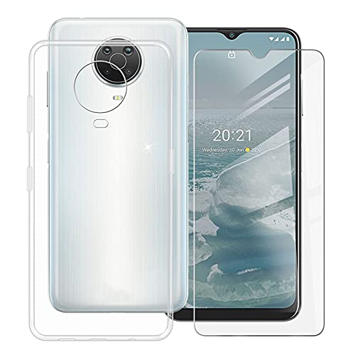 HHUAN Case for Nokia G20 (6.52 Inch) with Tempered Glass Screen Protector, Clear Soft Silicone Protective Cover Bumper Shockproof Phone Case for Nokia G20 - Clear