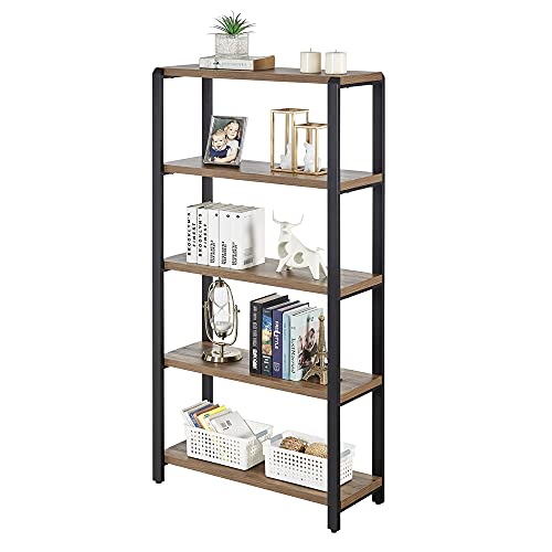 FOLUBAN 5 Tier Bookshelf, Industrial Vintage Storage Book Shelves, Rustic Wood and Metal Bookcase for Home Office Bedroom, Oak