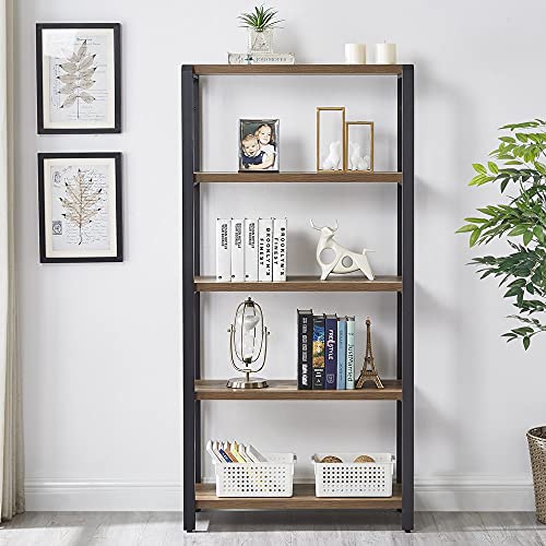 FOLUBAN 5 Tier Bookshelf, Industrial Vintage Storage Book Shelves, Rustic Wood and Metal Bookcase for Home Office Bedroom, Oak