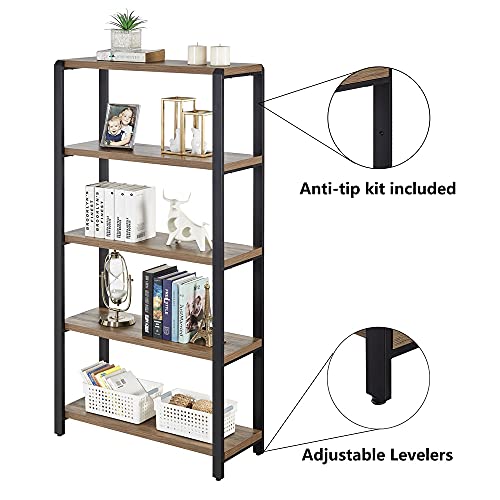 FOLUBAN 5 Tier Bookshelf, Industrial Vintage Storage Book Shelves, Rustic Wood and Metal Bookcase for Home Office Bedroom, Oak