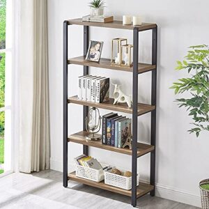 FOLUBAN 5 Tier Bookshelf, Industrial Vintage Storage Book Shelves, Rustic Wood and Metal Bookcase for Home Office Bedroom, Oak