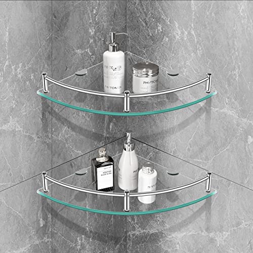 YorkHoMo Glass Corner Shelf Glass Shelves for Bathroom Shower Corner Shelf with Rail Wall Mounted Drill Hole for Inside Shower 2 Pack