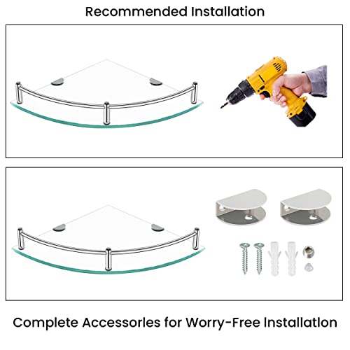 YorkHoMo Glass Corner Shelf Glass Shelves for Bathroom Shower Corner Shelf with Rail Wall Mounted Drill Hole for Inside Shower 2 Pack