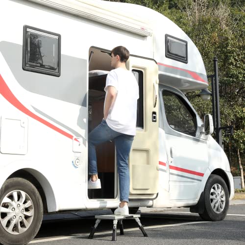 Homeon Wheels Aluminum Safety RV Steps Adjustable Height Folding Platform Step with Friction Strips Non-Slip Rubber Feet Leg Sheaths and Handle RV Step Stool Supports Up to 1000lbs.