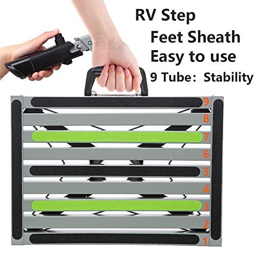 Homeon Wheels Aluminum Safety RV Steps Adjustable Height Folding Platform Step with Friction Strips Non-Slip Rubber Feet Leg Sheaths and Handle RV Step Stool Supports Up to 1000lbs.