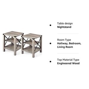 IDEALHOUSE End Table Set of 2, Farmhouse Accent Cocktail Table Storage Shelf, Industrial Wood Look Tea Table, Sofa Center Table for Living Room, Side Table with X Metal Frame