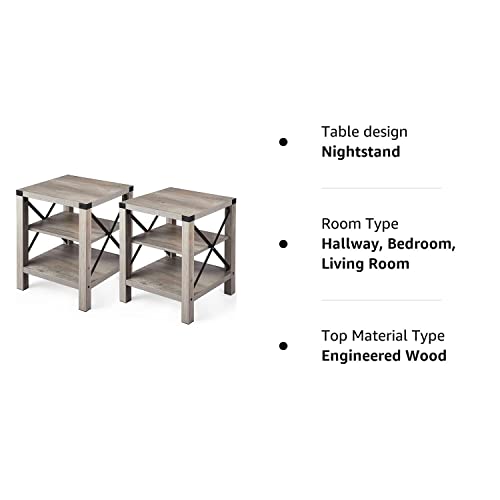 IDEALHOUSE End Table Set of 2, Farmhouse Accent Cocktail Table Storage Shelf, Industrial Wood Look Tea Table, Sofa Center Table for Living Room, Side Table with X Metal Frame