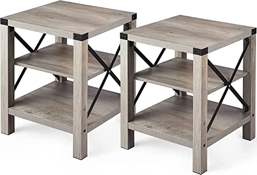 IDEALHOUSE End Table Set of 2, Farmhouse Accent Cocktail Table Storage Shelf, Industrial Wood Look Tea Table, Sofa Center Table for Living Room, Side Table with X Metal Frame