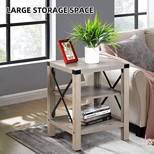 IDEALHOUSE End Table Set of 2, Farmhouse Accent Cocktail Table Storage Shelf, Industrial Wood Look Tea Table, Sofa Center Table for Living Room, Side Table with X Metal Frame