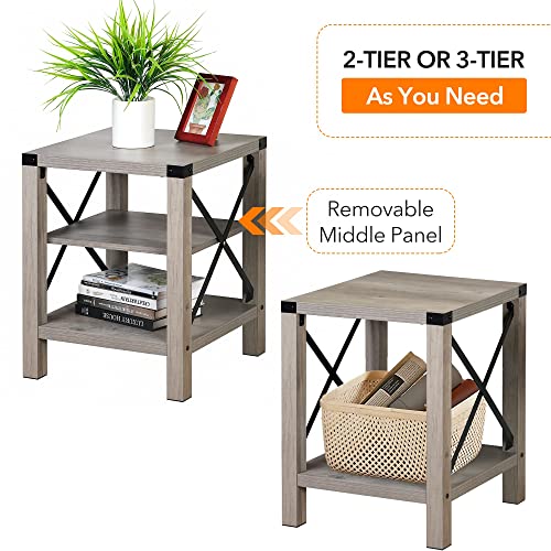 IDEALHOUSE End Table Set of 2, Farmhouse Accent Cocktail Table Storage Shelf, Industrial Wood Look Tea Table, Sofa Center Table for Living Room, Side Table with X Metal Frame