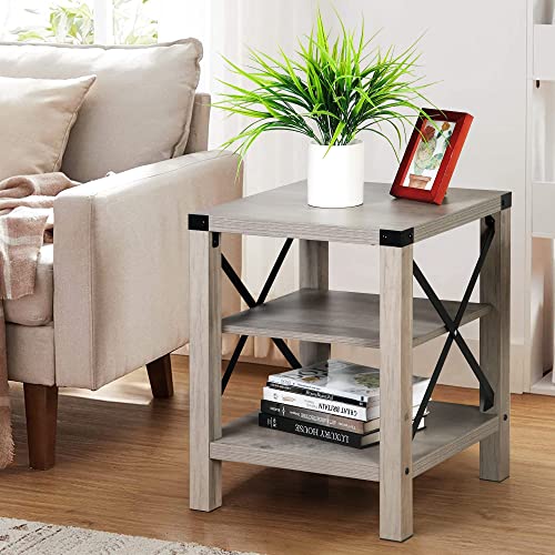 IDEALHOUSE End Table Set of 2, Farmhouse Accent Cocktail Table Storage Shelf, Industrial Wood Look Tea Table, Sofa Center Table for Living Room, Side Table with X Metal Frame