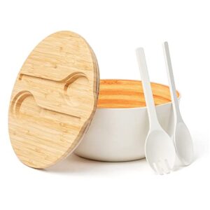 cuffie chef - large salad bowl with lid, bamboo salad serving bowl with silicone seal, light & sturdy salad bowl, sleek serving bowls with lids & utensils, complete salad bowl set, 9.85 inches, white