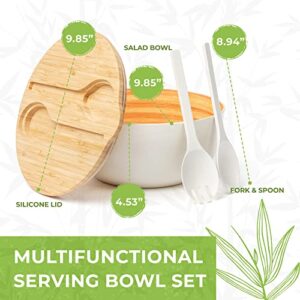 Cuffie Chef - Large Salad Bowl with Lid, Bamboo Salad Serving Bowl with Silicone Seal, Light & Sturdy Salad Bowl, Sleek Serving Bowls with Lids & Utensils, Complete Salad Bowl Set, 9.85 inches, White