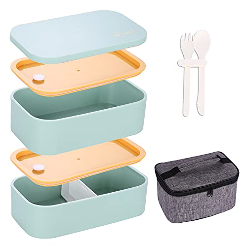 SHUCHENGMAOYI Bento Adults Lunch Box, Japanese Stackable Box 2-In-1 Compartment, Leakproof 2 Layer Lunch Box Lunch Containers with Bag BPA Free (Green)