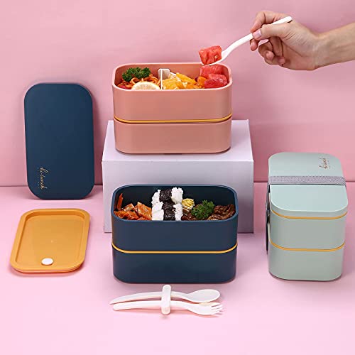 SHUCHENGMAOYI Bento Adults Lunch Box, Japanese Stackable Box 2-In-1 Compartment, Leakproof 2 Layer Lunch Box Lunch Containers with Bag BPA Free (Green)