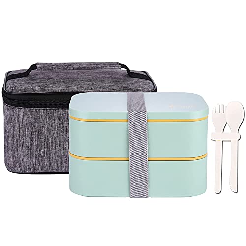 SHUCHENGMAOYI Bento Adults Lunch Box, Japanese Stackable Box 2-In-1 Compartment, Leakproof 2 Layer Lunch Box Lunch Containers with Bag BPA Free (Green)