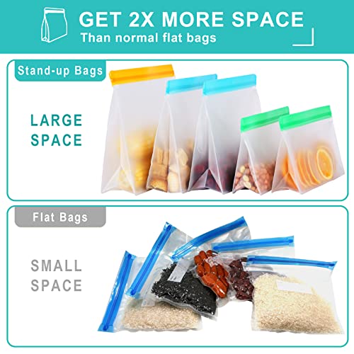 12 Pack Large Reusable Food Storage Bags Stand Up, FDA Food Grade Reusable Sandwich Bags, 3 Reusable Gallon Bags + 4 Reusable Freezer Bags + 5 Reusable Snack Bags for Meat Fruit Cereal Snacks