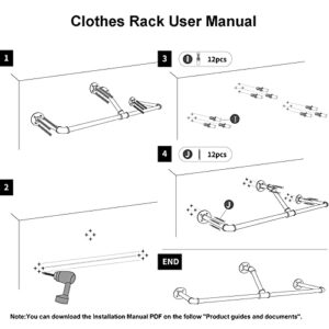 ZSZAUA Clothes Rack Heavy Duty for Hanging Clothes, Industrial Pipe Closet Rods for Hanging Clothes Bar, Detachable Wall Mounted Garment Racks for Laundry Room Organization and Storage