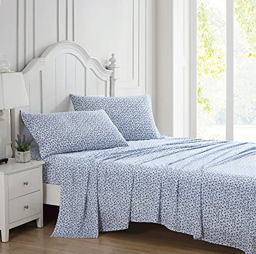 Laura Ashley Home - King Sheets, Soft Sateen Cotton Bedding Set - Sleek, Smooth, & Breathable Home Decor (Lavange Vine Indigo, 4 pieces, King)