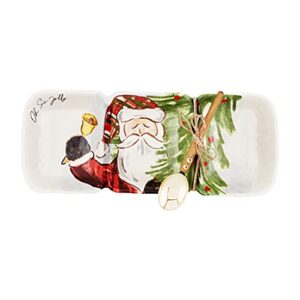 mud pie, multi, christmas santa triple dip serving set, 4.5" x 11", dish 4 1/2" x 11" | spoon 5 1/2"