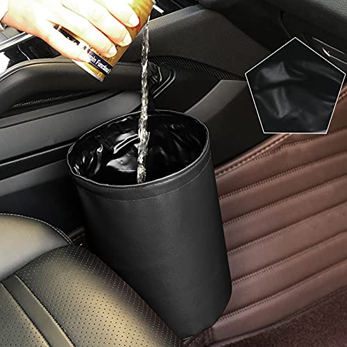 FYY Car Trash Can, Collapsible Pop Up PU Leather Car Garbage Can, Leak-Proof Waterproof Portable Car Trash Bin Multifunctional Organizer Trashcan Storage Bag with Hanging Elastic Strap Loop Black