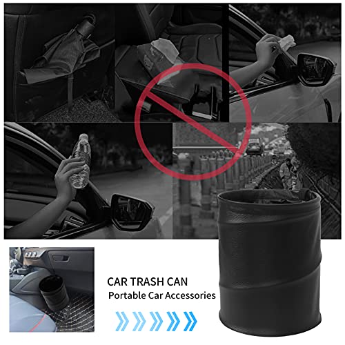 FYY Car Trash Can, Collapsible Pop Up PU Leather Car Garbage Can, Leak-Proof Waterproof Portable Car Trash Bin Multifunctional Organizer Trashcan Storage Bag with Hanging Elastic Strap Loop Black