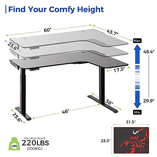 EUREKA ERGONOMIC Standing Desk L Shaped, 60 Inch Gaming Desk, Electric Height Adjustable Dual Motor, Rising Sit Stand Up Corner Desk for Computer Home Office, Smart Memory Preset Mousepad, Right