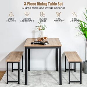 Giantex Dining Table with Bench, Modern Studio Collection Table with 2 Benches, Kitchen 3Pcs Bench Dining Table Set with Metal Frame for Living Room, Kitchen, Small Space