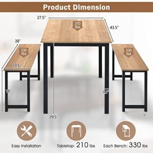 Giantex Dining Table with Bench, Modern Studio Collection Table with 2 Benches, Kitchen 3Pcs Bench Dining Table Set with Metal Frame for Living Room, Kitchen, Small Space