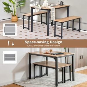 Giantex Dining Table with Bench, Modern Studio Collection Table with 2 Benches, Kitchen 3Pcs Bench Dining Table Set with Metal Frame for Living Room, Kitchen, Small Space