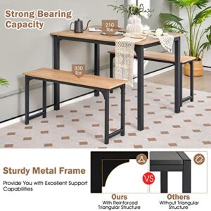 Giantex Dining Table with Bench, Modern Studio Collection Table with 2 Benches, Kitchen 3Pcs Bench Dining Table Set with Metal Frame for Living Room, Kitchen, Small Space