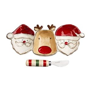 mud pie, multi, christmas santa and reindeer triple dip serving set, dish 5" x 11" | spreader 5 1/2"