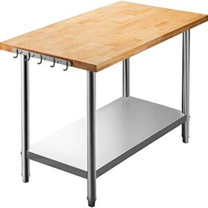 VEVOR Maple Top Work Table, 36x24 Inches, Stainless Steel Wood Kitchen Prep Table with 937 LBS Load Bearing, Kitchen Island Table with Lower Shelf and Adjustable Feet, Outdoor Prep Table for Kitchen