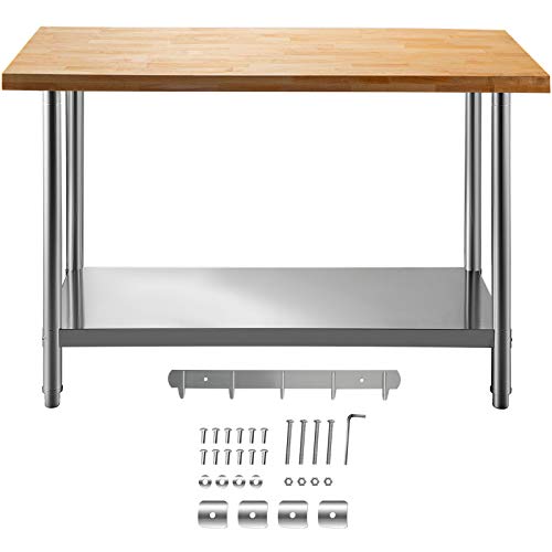 VEVOR Maple Top Work Table, 36x24 Inches, Stainless Steel Wood Kitchen Prep Table with 937 LBS Load Bearing, Kitchen Island Table with Lower Shelf and Adjustable Feet, Outdoor Prep Table for Kitchen