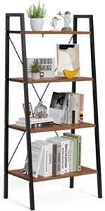 furninxs ladder shelf bookcase, bookshelf 4 tier, industrial standing shelf storage rack storage organizer plant stand, steel frame book shelf for living room/bedroom/kitchen/bathroom - red brown