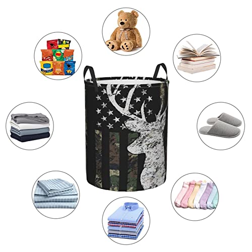 Large Laundry Hamper Collapsible Laundry Baskets Deer Camo Camouflage American Flag Hunting Storage Baskets Waterproof Foldable Storage Bin for Toy Organizer Nursery