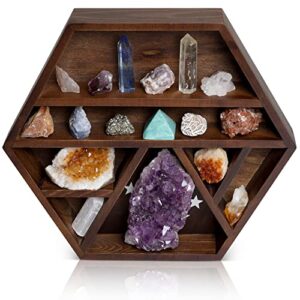 enso sensory tsuki crystal & rock display shelf - hexagon floating wall shelves with cresent moon design for rocks, crystals, oils, stones, plants - honeycomb geometric shape home decor