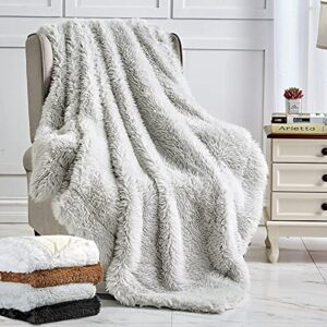 plush faux fur throw blanket, large grey throw blanket for couch and for bed, super soft long hair shaggy blanket, thick, elegant, cozy and fluffy minky blanket 50''×60''