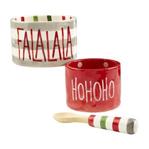 mud pie, multi, fa la painted christmas stacked dip cup set, 3" x 4.5", sm 2.75" x 3.5" | lg spoon 4.5"